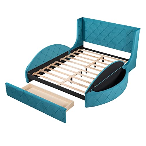 UBGO Queen Upholstered Platform Size Wingback Headboard and 1 Big Drawer,2 Side Stool,Velvet Storage Bed Frame,No Box Spring Needed/Easy Assembly, Blue e
