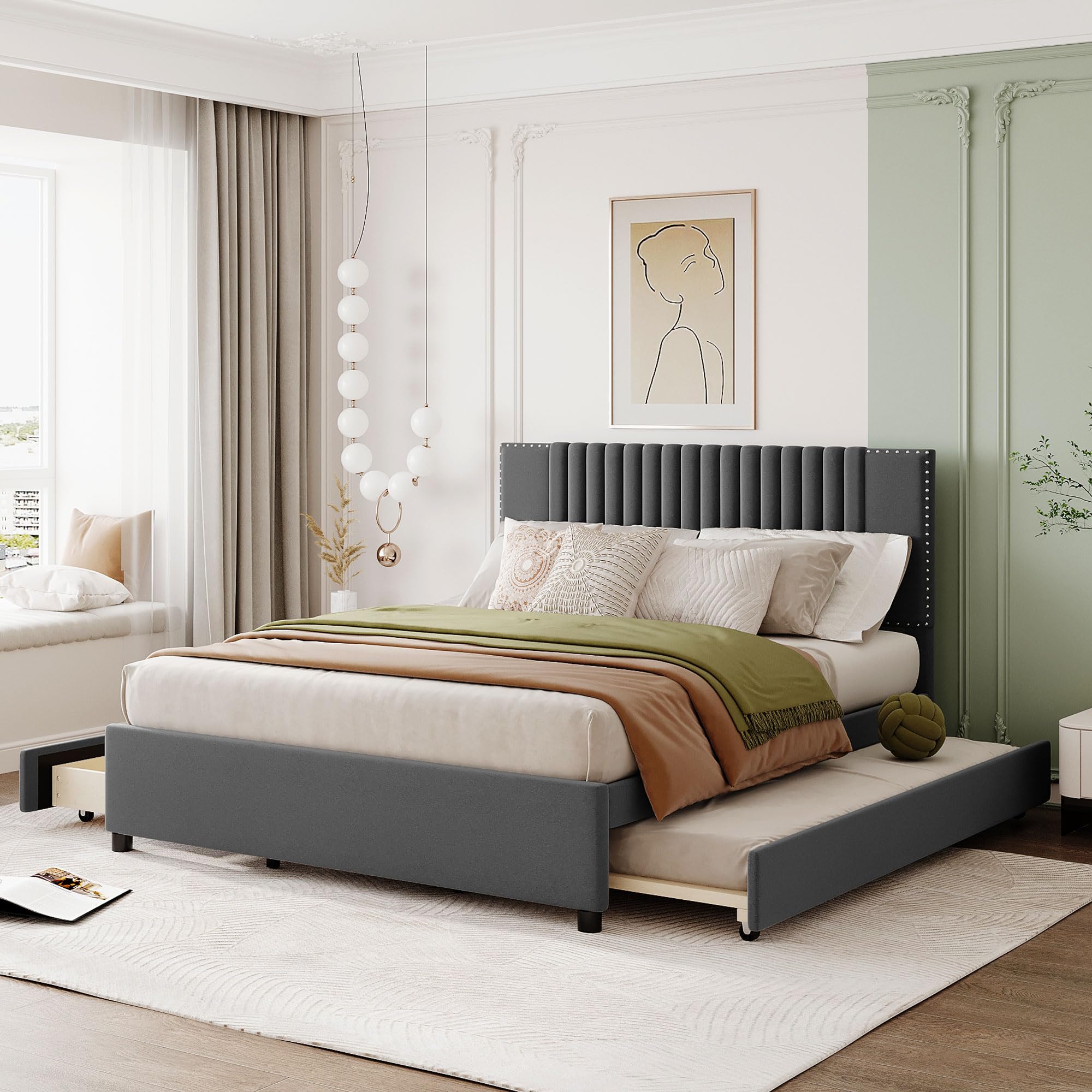 DNYN Queen Size Upholstered Platform Bed with Trundle(Twin XL) & 2 Drawers for Kids,Adult Bedroom,Wooden Bedframe Linen Fabric Furniute w/Storage & Classic Heardboard,Space Saving Design, Gray