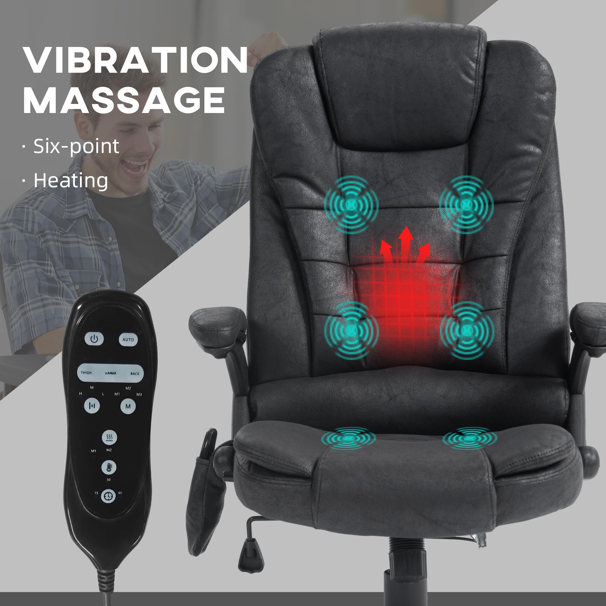 HOMCOM 6 Point Vibrating Massage Office Chair with Heat, Microfiber High Back Executive Office Chair with Reclining Backrest, Padded Armrests and Remote, Black