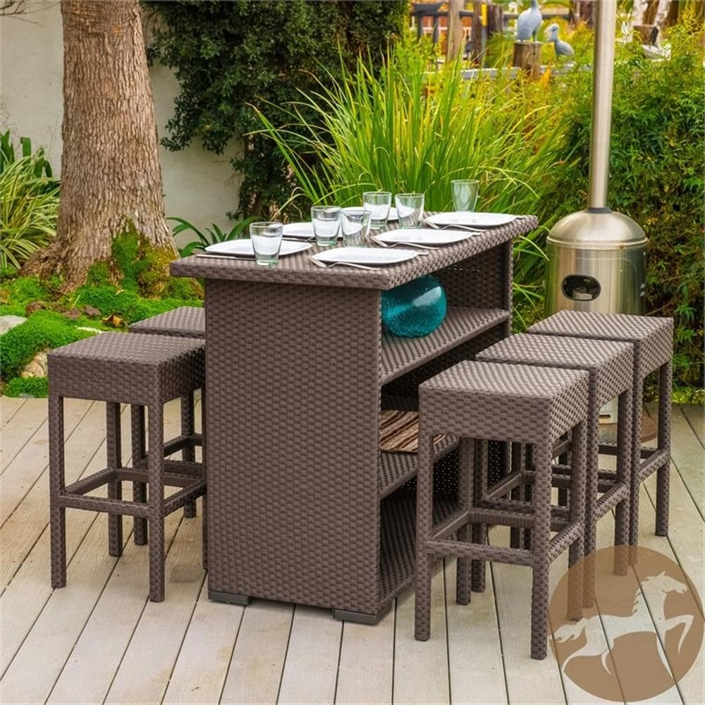 Noble House Milton Outdoor 7-Piece Brown Wicker Bar Set