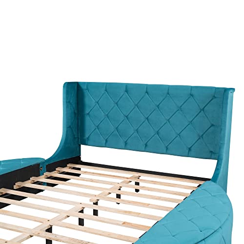 UBGO Queen Upholstered Platform Size Wingback Headboard and 1 Big Drawer,2 Side Stool,Velvet Storage Bed Frame,No Box Spring Needed/Easy Assembly, Blue e