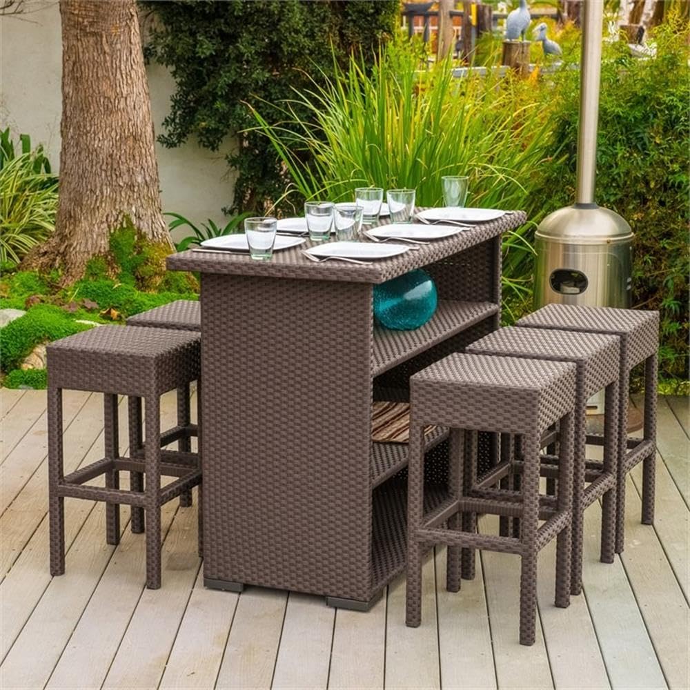 Noble House Milton Outdoor 7-Piece Brown Wicker Bar Set