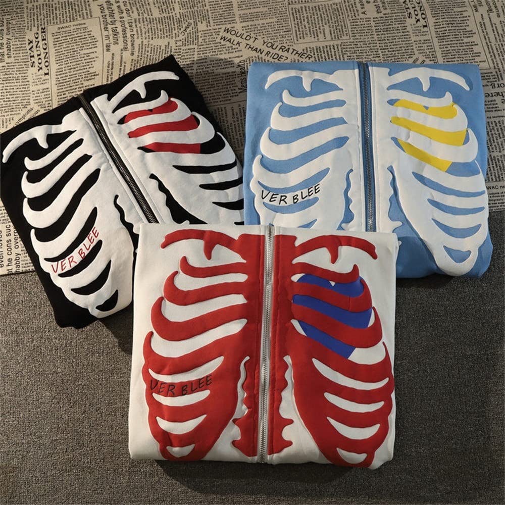 Women Y2k Jacket Long Sleeve Graphic Skeleton Zip Up Hoodie Sweatshirt Streetwear White XL