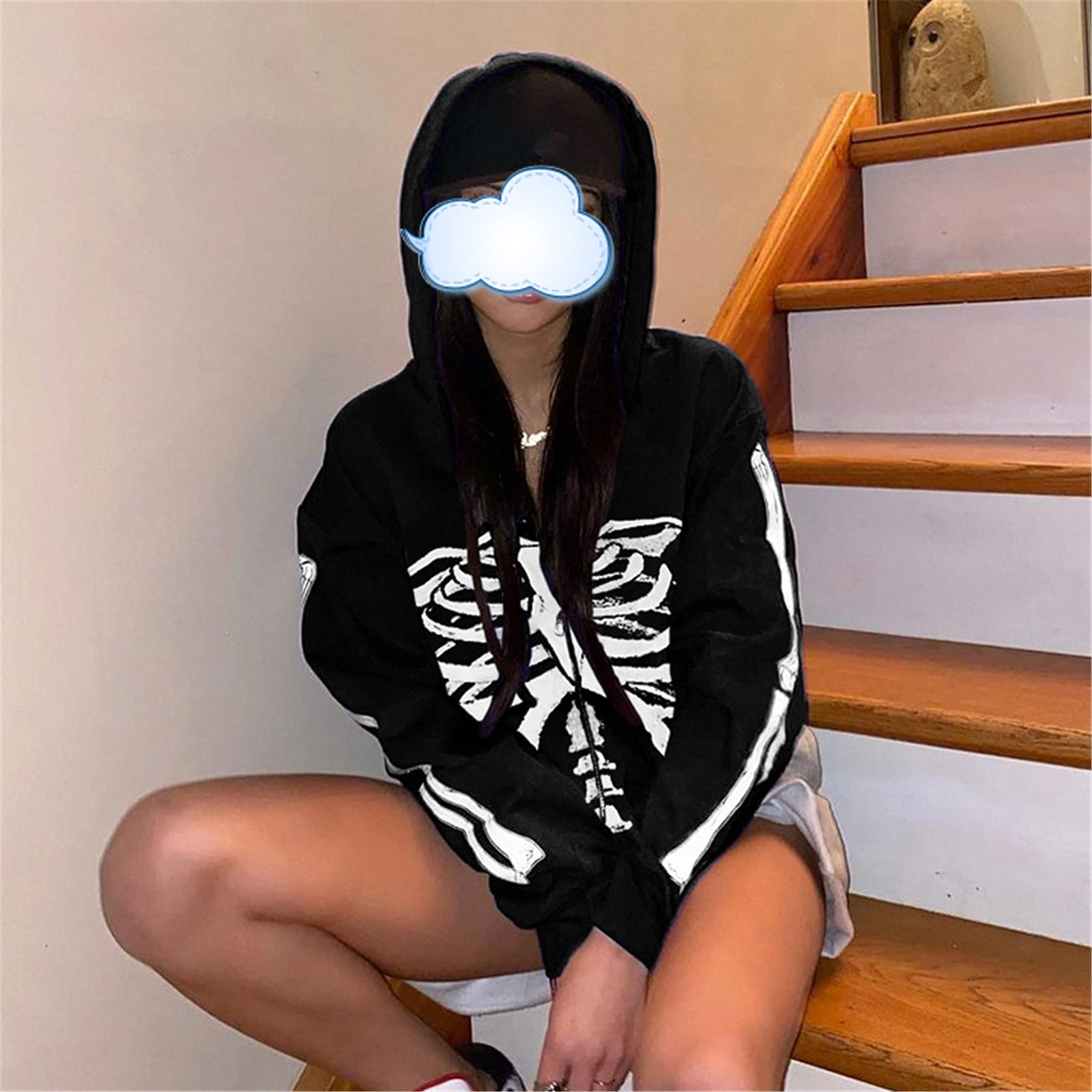 Sunloudy Women Skeleton Print Oversized Hoodie Y2K Zip Up Sweatshirt Gothic E-girl Harajuku Jackets Coat Streetwear (7-Black, S)