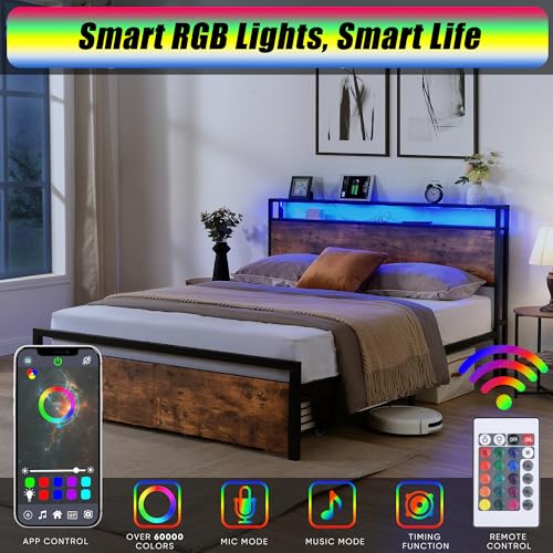 SAMTRA Bed Frame with Headboard & 2 Storage Drawers, Wooden Headboard with Led Lights and Charging Station Shelf, Metal Platform & Slat Bedframe, Easy Assembly (Brown Simple (with 2 Drawers), Queen)