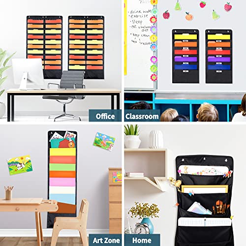 Annecy 10 Pockets Hanging Wall File Organizer, Black Storage Pocket Chart for File Folder and Paper, Space Saver for Office and Classroom, with Wall Hangers, Over The Door Hooks, Labels