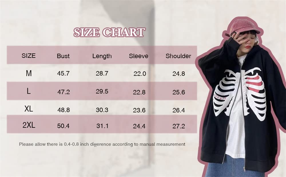 Women Y2k Jacket Long Sleeve Graphic Skeleton Zip Up Hoodie Sweatshirt Streetwear White XL