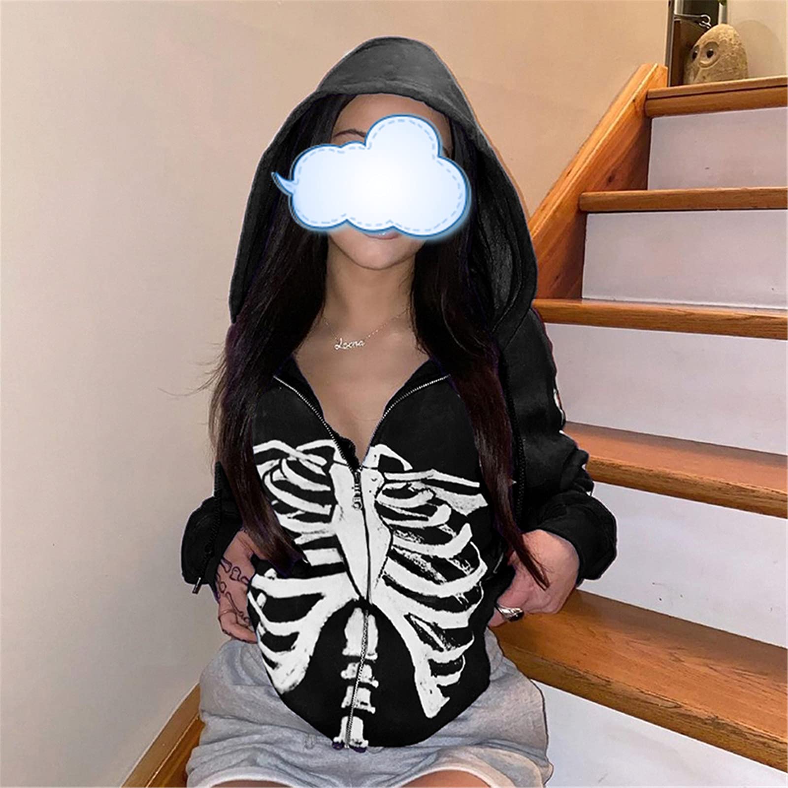Sunloudy Women Skeleton Print Oversized Hoodie Y2K Zip Up Sweatshirt Gothic E-girl Harajuku Jackets Coat Streetwear (7-Black, S)