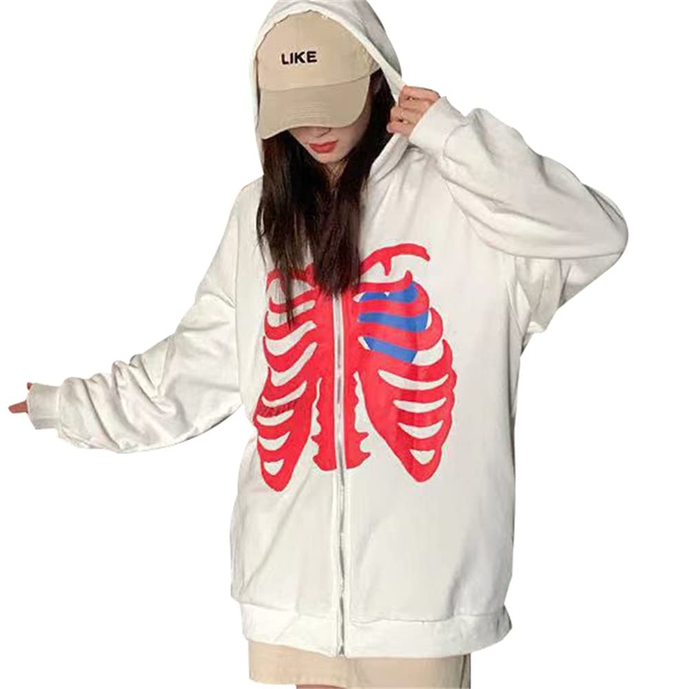 Women Y2k Jacket Long Sleeve Graphic Skeleton Zip Up Hoodie Sweatshirt Streetwear White XL