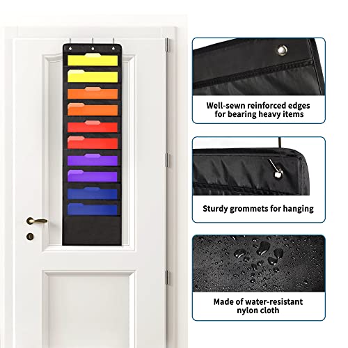 Annecy 10 Pockets Hanging Wall File Organizer, Black Storage Pocket Chart for File Folder and Paper, Space Saver for Office and Classroom, with Wall Hangers, Over The Door Hooks, Labels