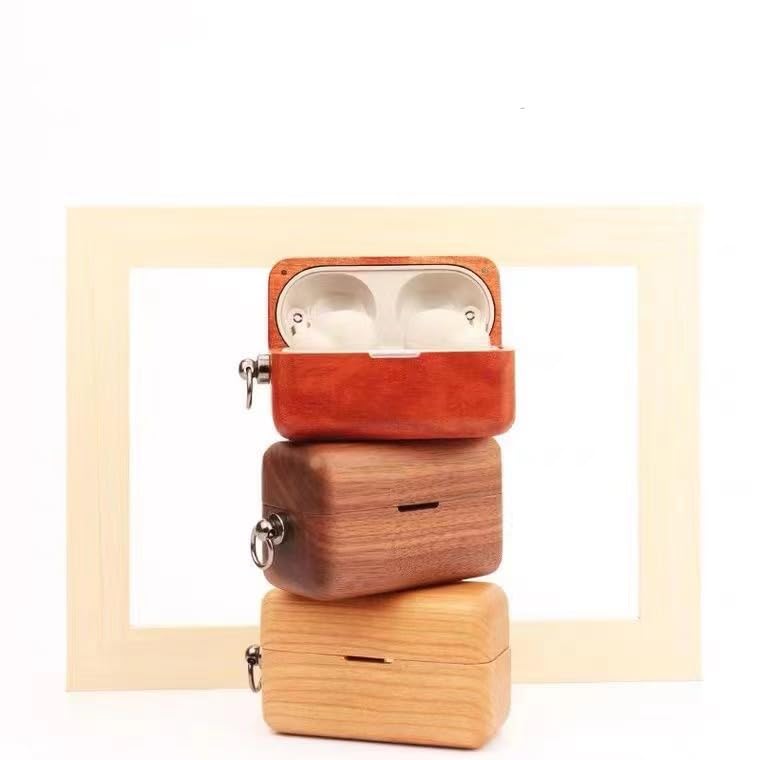 Handmade Nature Wooden Genuine Real Wood Protective Case Cover with Carabiner Compatible with Sony WF-1000XM4(Walnut)