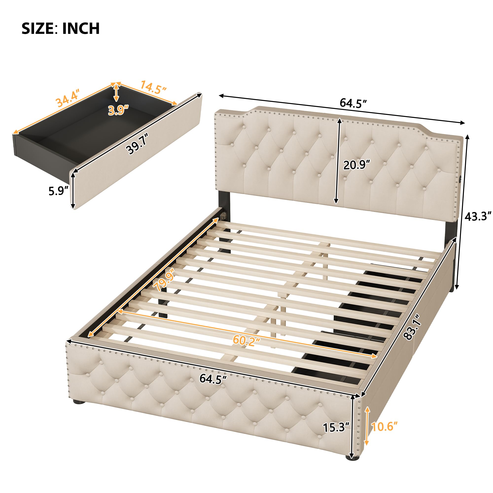 Queen Size Platform Bed with USB Ports on Each Side, Linen Upholstered Queen Bed Frame with 2 Storage Drawers, Wood Queen Storage Bed for Bedroom, No Box Spring Required, Beige