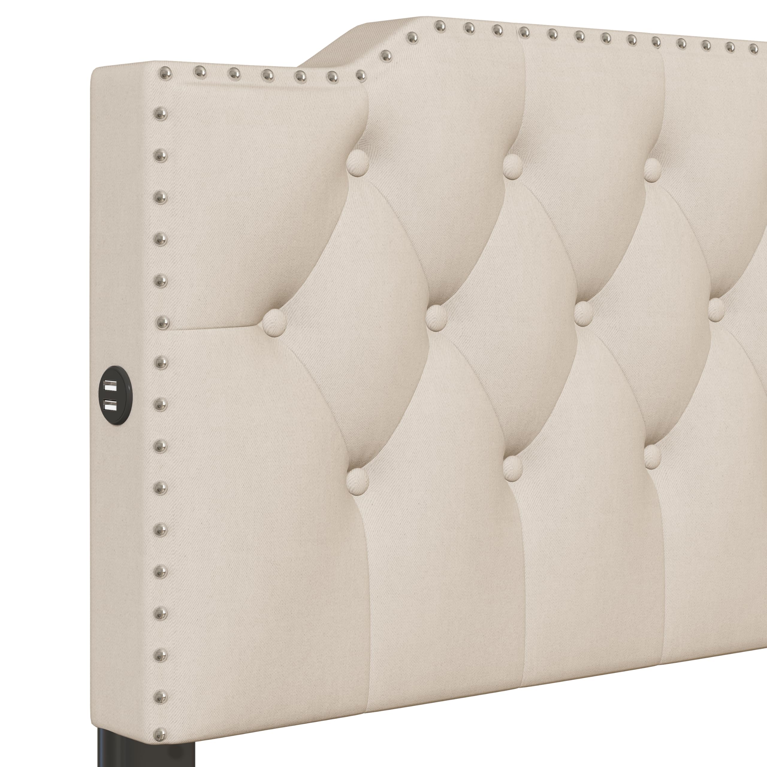 Queen Size Platform Bed with USB Ports on Each Side, Linen Upholstered Queen Bed Frame with 2 Storage Drawers, Wood Queen Storage Bed for Bedroom, No Box Spring Required, Beige