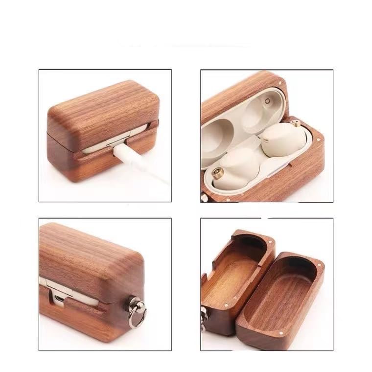 Handmade Nature Wooden Genuine Real Wood Protective Case Cover with Carabiner Compatible with Sony WF-1000XM4(Walnut)