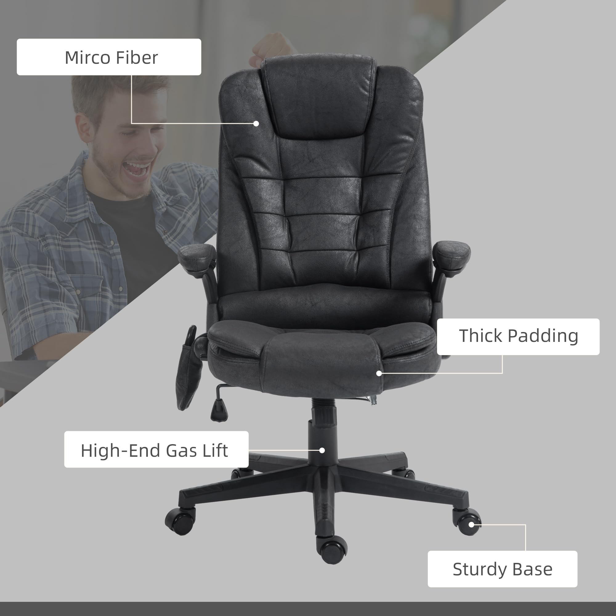 HOMCOM 6 Point Vibrating Massage Office Chair with Heat, Microfiber High Back Executive Office Chair with Reclining Backrest, Padded Armrests and Remote, Black