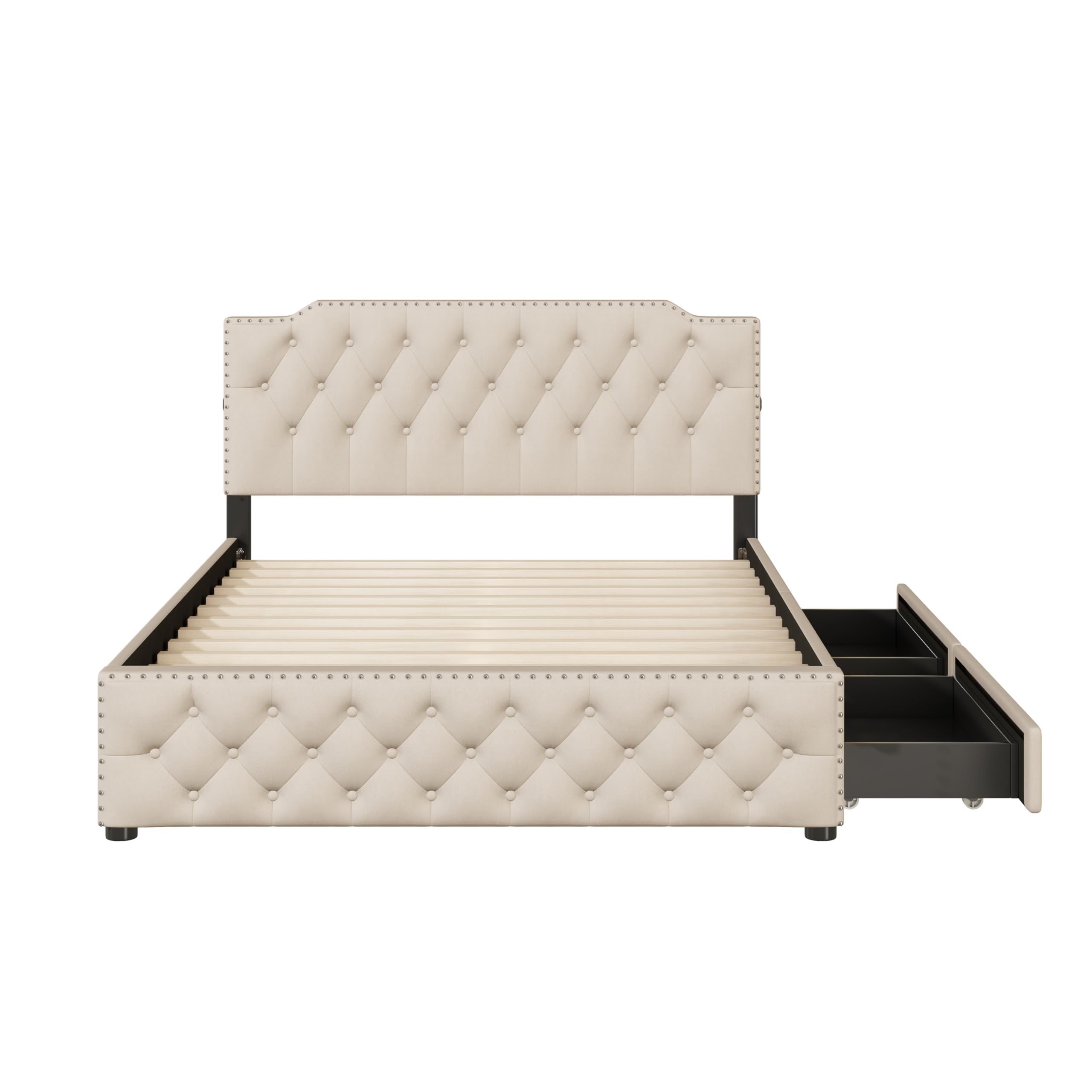 Queen Size Platform Bed with USB Ports on Each Side, Linen Upholstered Queen Bed Frame with 2 Storage Drawers, Wood Queen Storage Bed for Bedroom, No Box Spring Required, Beige
