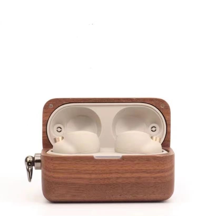 Handmade Nature Wooden Genuine Real Wood Protective Case Cover with Carabiner Compatible with Sony WF-1000XM4(Walnut)