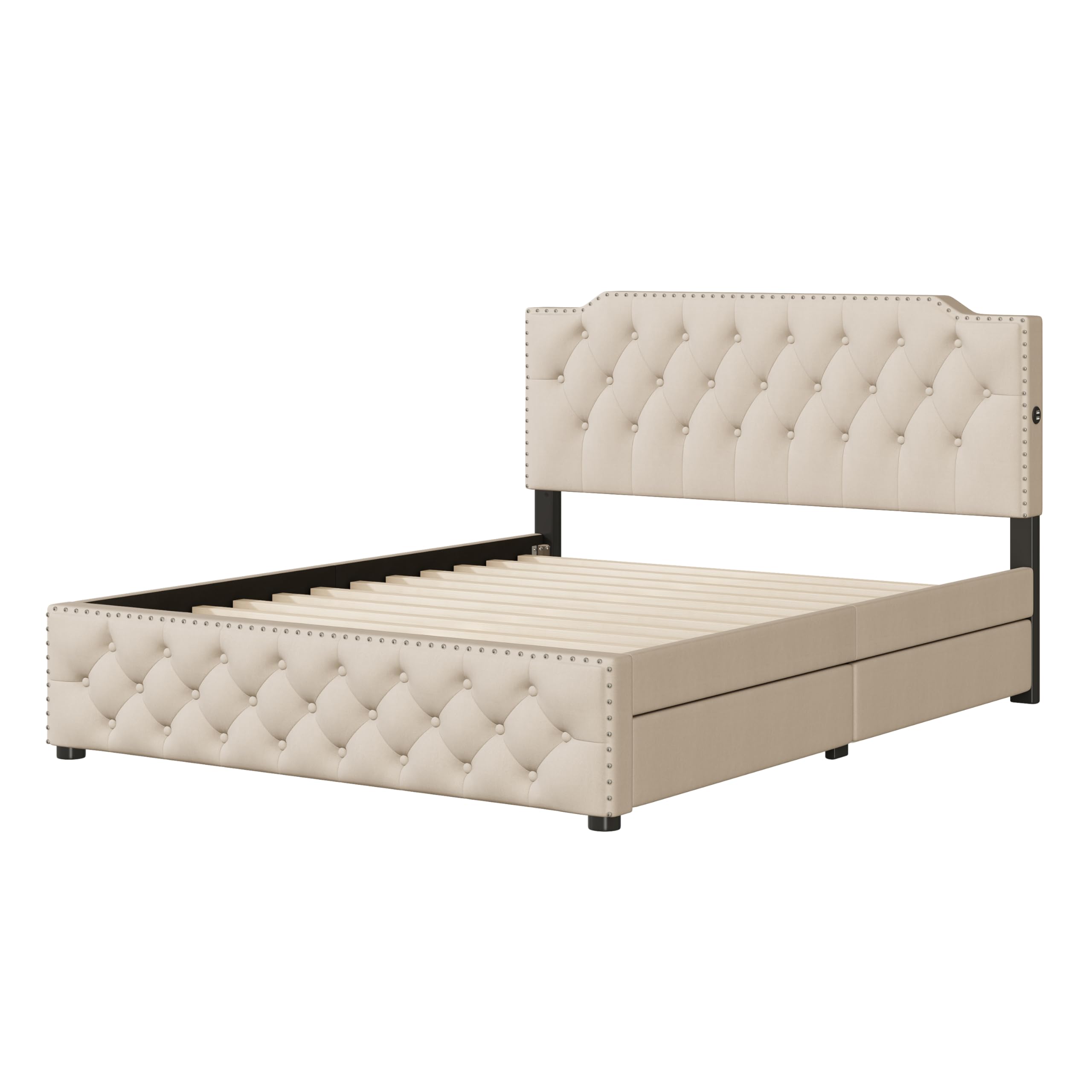 Queen Size Platform Bed with USB Ports on Each Side, Linen Upholstered Queen Bed Frame with 2 Storage Drawers, Wood Queen Storage Bed for Bedroom, No Box Spring Required, Beige