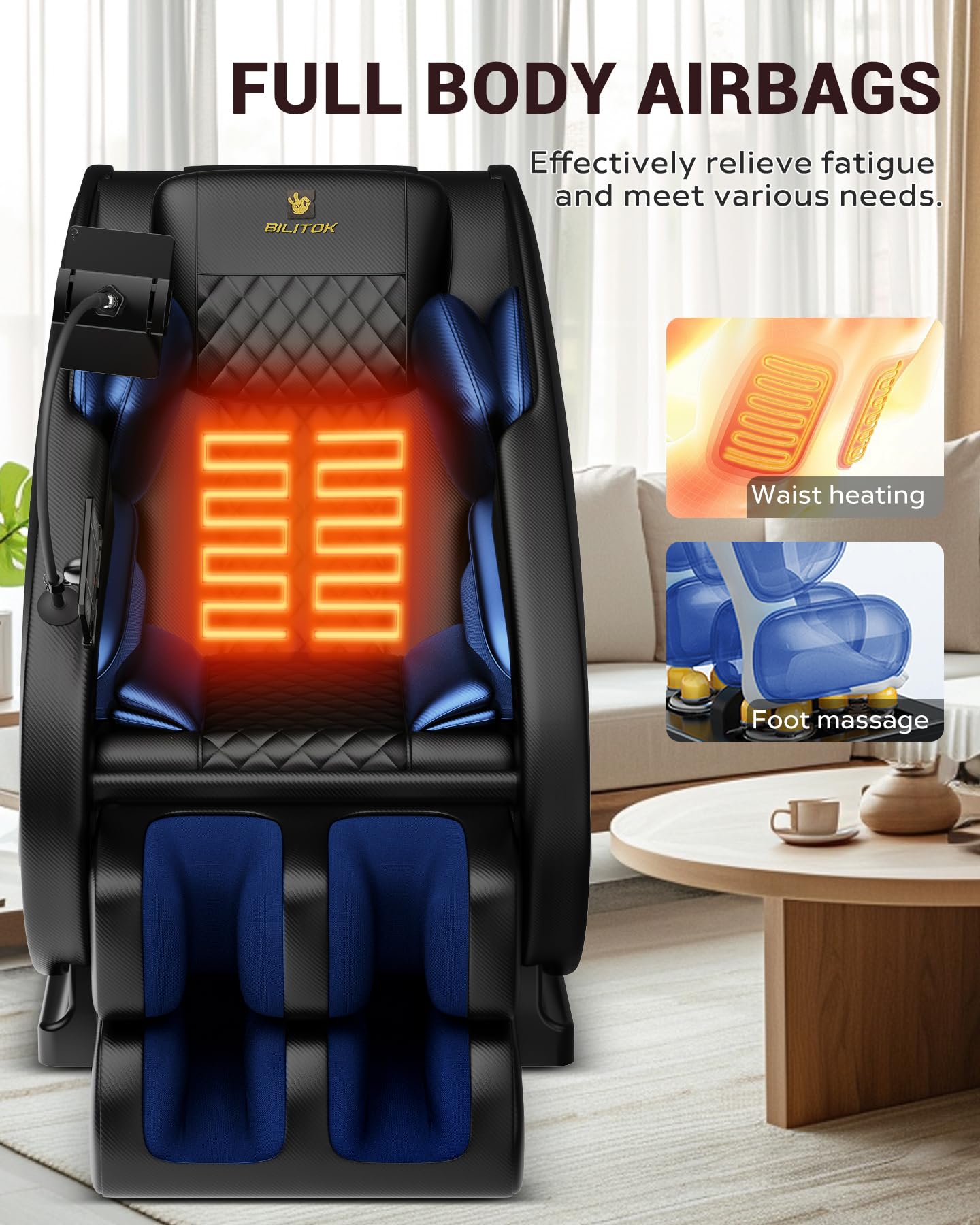 BILITOK Massage Chair Recliner with Zero Gravity, Full Body Massage Chair with Heating, Bluetooth Speaker, Airbags, Foot Roller, Touch Screen, Space-Saving for Office,Faux Leather (White)