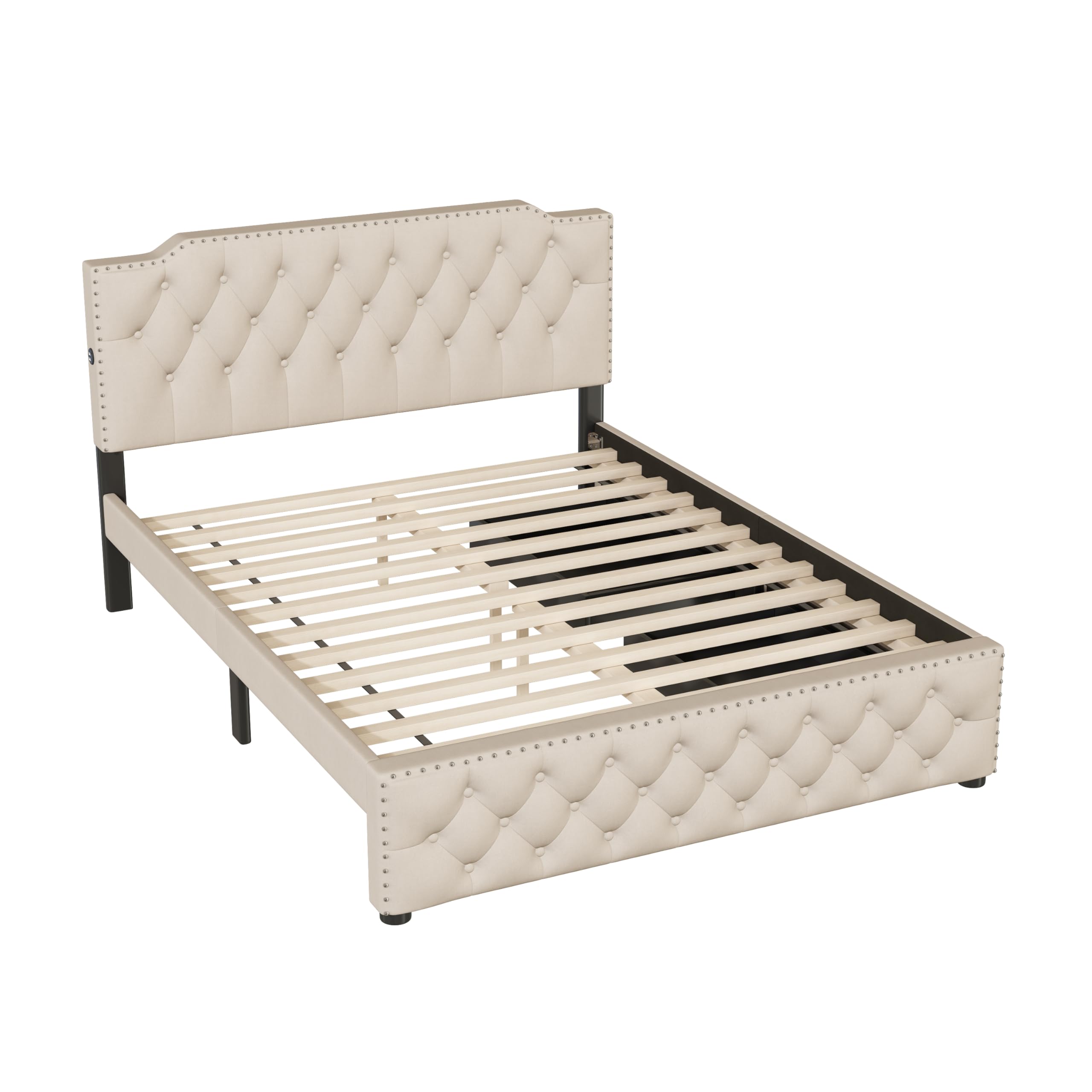 Queen Size Platform Bed with USB Ports on Each Side, Linen Upholstered Queen Bed Frame with 2 Storage Drawers, Wood Queen Storage Bed for Bedroom, No Box Spring Required, Beige
