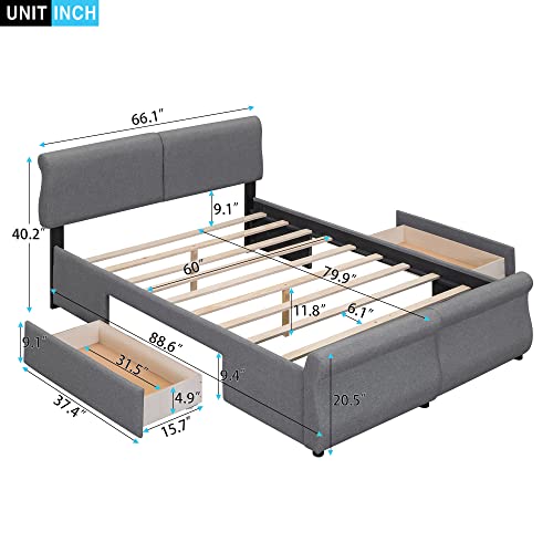 RORIGAT Queen Size Upholstery Platform Bed with Two Drawers,Wooden Bed Frame with Linen Fabric for Bedroom,Grey