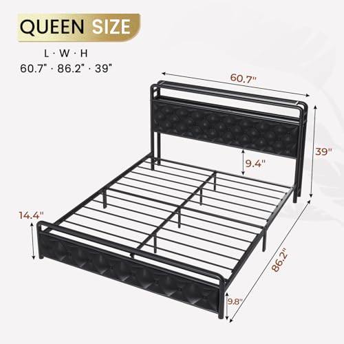 ADORNEVE Queen LED Bed Frame with Storage Headboard,Faux Leather Queen Size Platform Bed Frame with Power Outlets & USB Ports,Noise-Free,Black