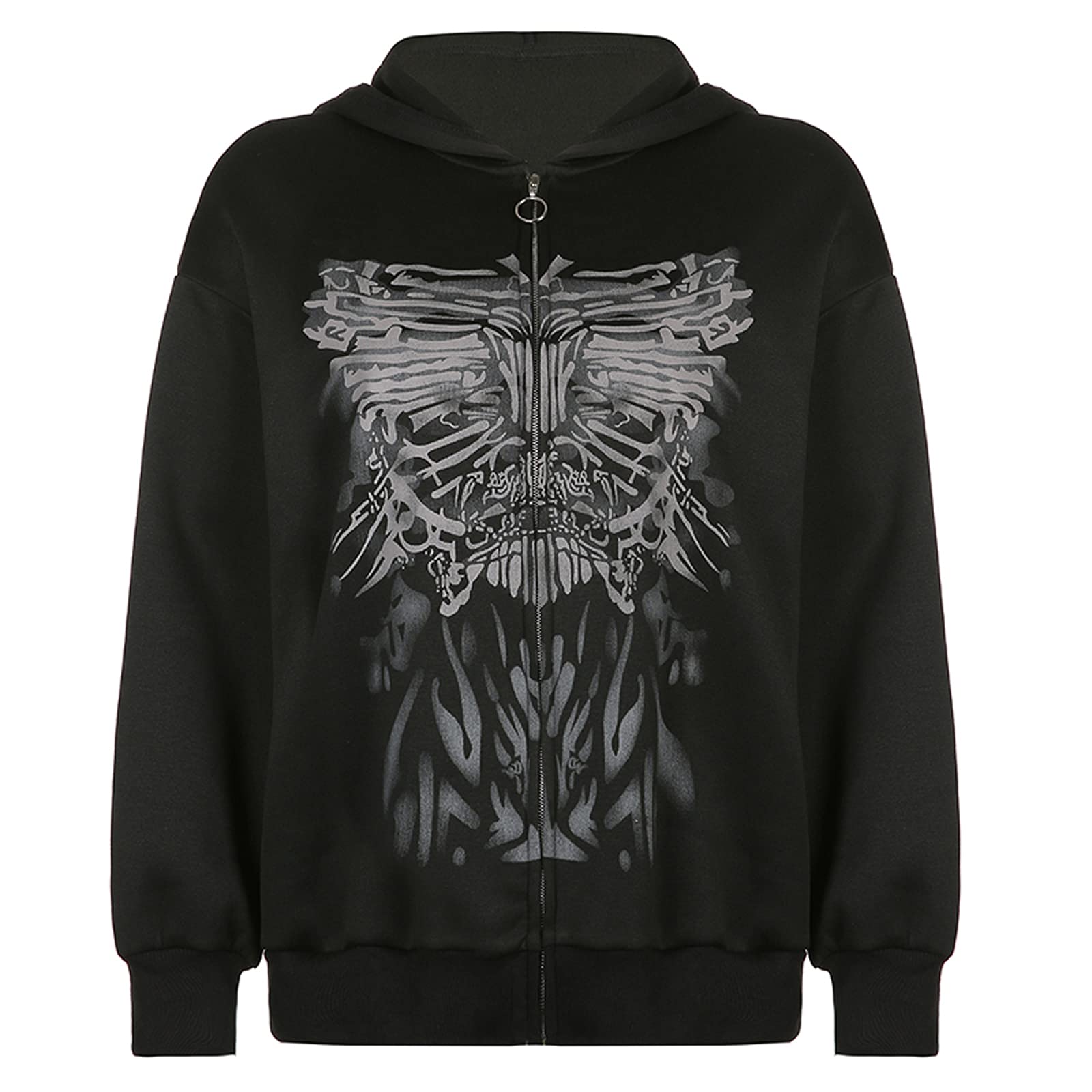 Winioder Women Y2K Zip Up Hoodie Vintage Graphic Oversized Hoodies Grunge Aesthetic Sweatshirt Jacket Skeleton Gothic Hoodie (G-Black,Medium)