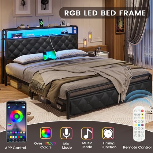 ADORNEVE Queen LED Bed Frame with Storage Headboard,Faux Leather Queen Size Platform Bed Frame with Power Outlets & USB Ports,Noise-Free,Black