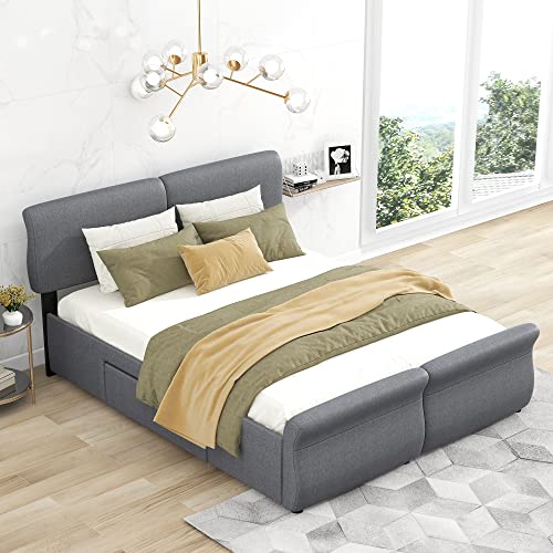 RORIGAT Queen Size Upholstery Platform Bed with Two Drawers,Wooden Bed Frame with Linen Fabric for Bedroom,Grey
