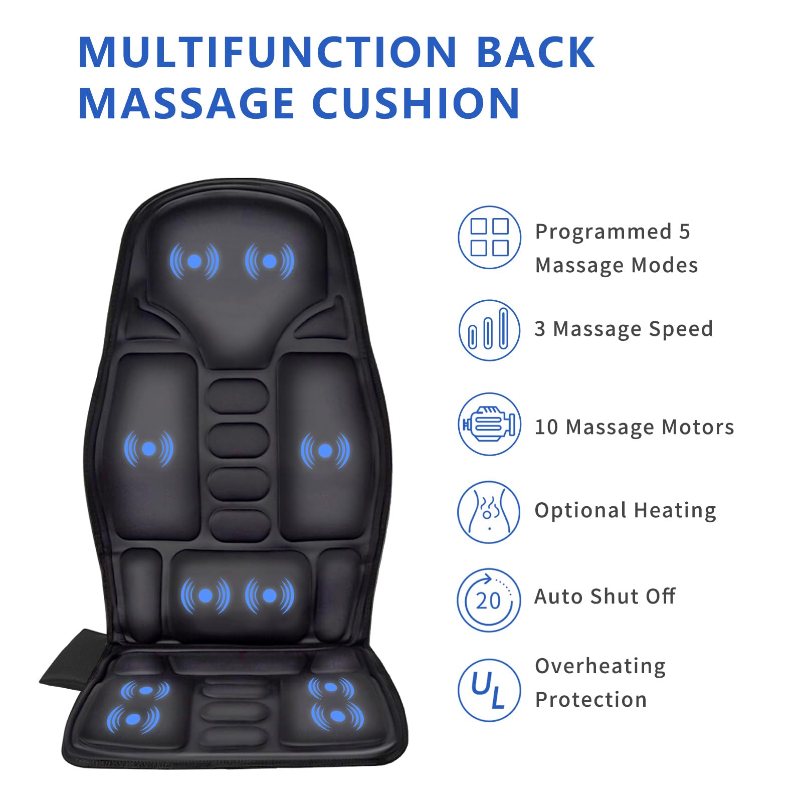 Back Massager with Heat for Pain Relief, Back Massage Chair Pad, Chair Massager for Full Body Massage, Deep Tissue Vibration Massager with 2 Adapters, Chair Massage for Office and Recliner