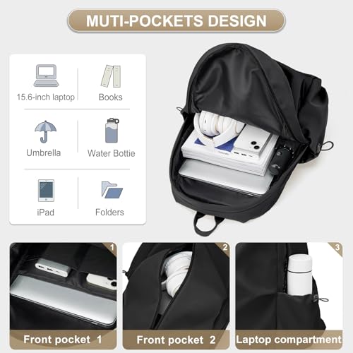 WEPOET Black School Backpack For Teens Boys Girls Cute Bookbag High School Bag Waterproof Casual Daypack College Backpack For Women Men Student Travel Backpack