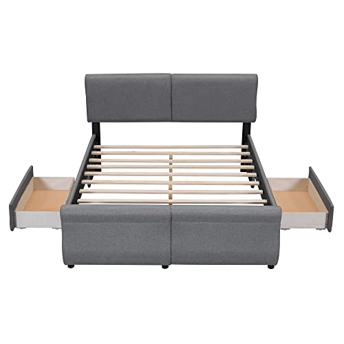 RORIGAT Queen Size Upholstery Platform Bed with Two Drawers,Wooden Bed Frame with Linen Fabric for Bedroom,Grey