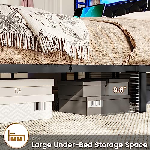 ADORNEVE Queen LED Bed Frame with Storage Headboard,Faux Leather Queen Size Platform Bed Frame with Power Outlets & USB Ports,Noise-Free,Black