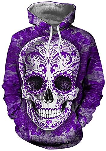 GIOSG Men's 3D Printed Hoodie Novelty Skull Sweatshirt Pullover with Pocket Hoodies,Purple,XL