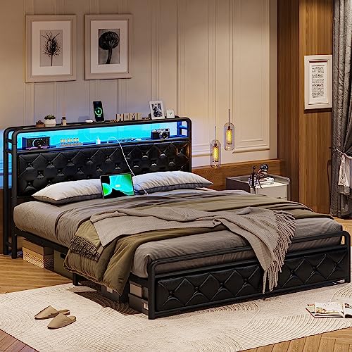 ADORNEVE Queen LED Bed Frame with Storage Headboard,Faux Leather Queen Size Platform Bed Frame with Power Outlets & USB Ports,Noise-Free,Black