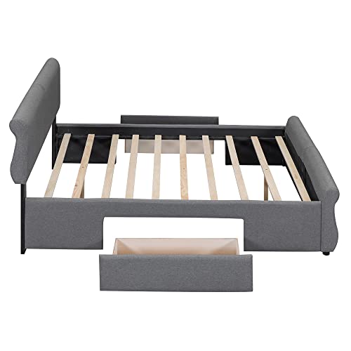 RORIGAT Queen Size Upholstery Platform Bed with Two Drawers,Wooden Bed Frame with Linen Fabric for Bedroom,Grey