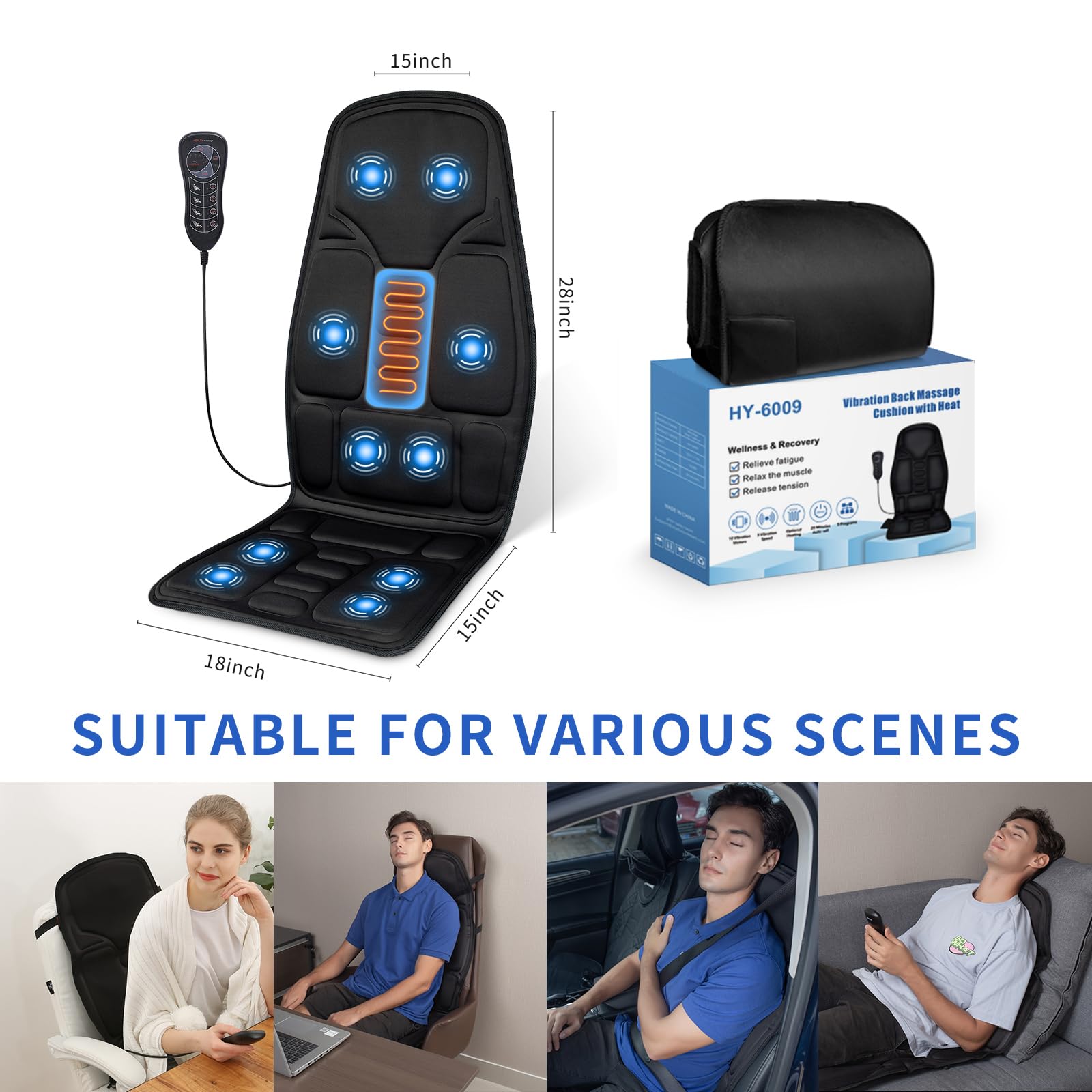 Back Massager with Heat for Pain Relief, Back Massage Chair Pad, Chair Massager for Full Body Massage, Deep Tissue Vibration Massager with 2 Adapters, Chair Massage for Office and Recliner