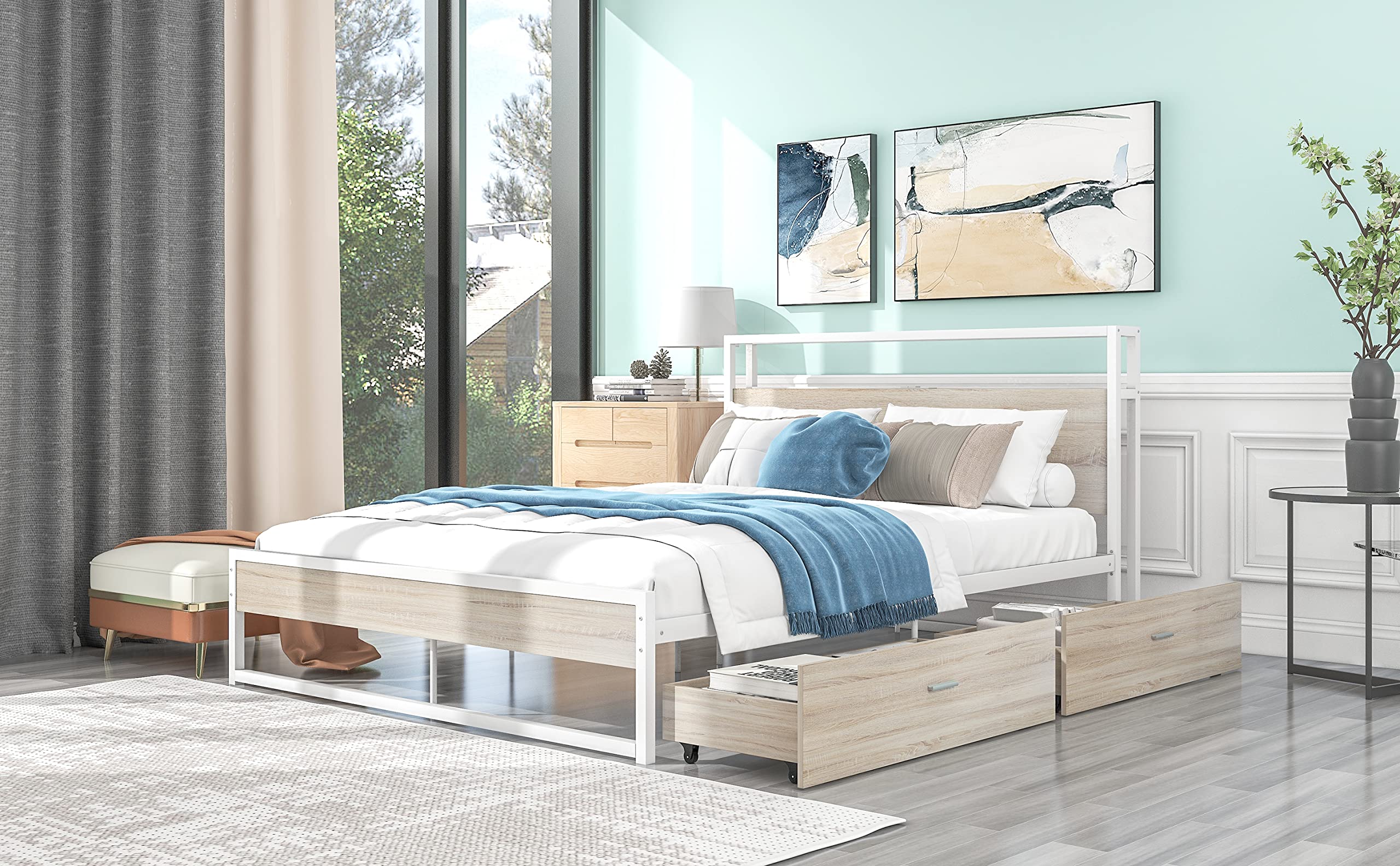 Metal Bed Frame Queen with Two Drawers Queen Size Storage Bed with Sockets, USB Ports and Slat Support for Living Room Bedroom,No Box Spring Needed/Easy Assembly (White)