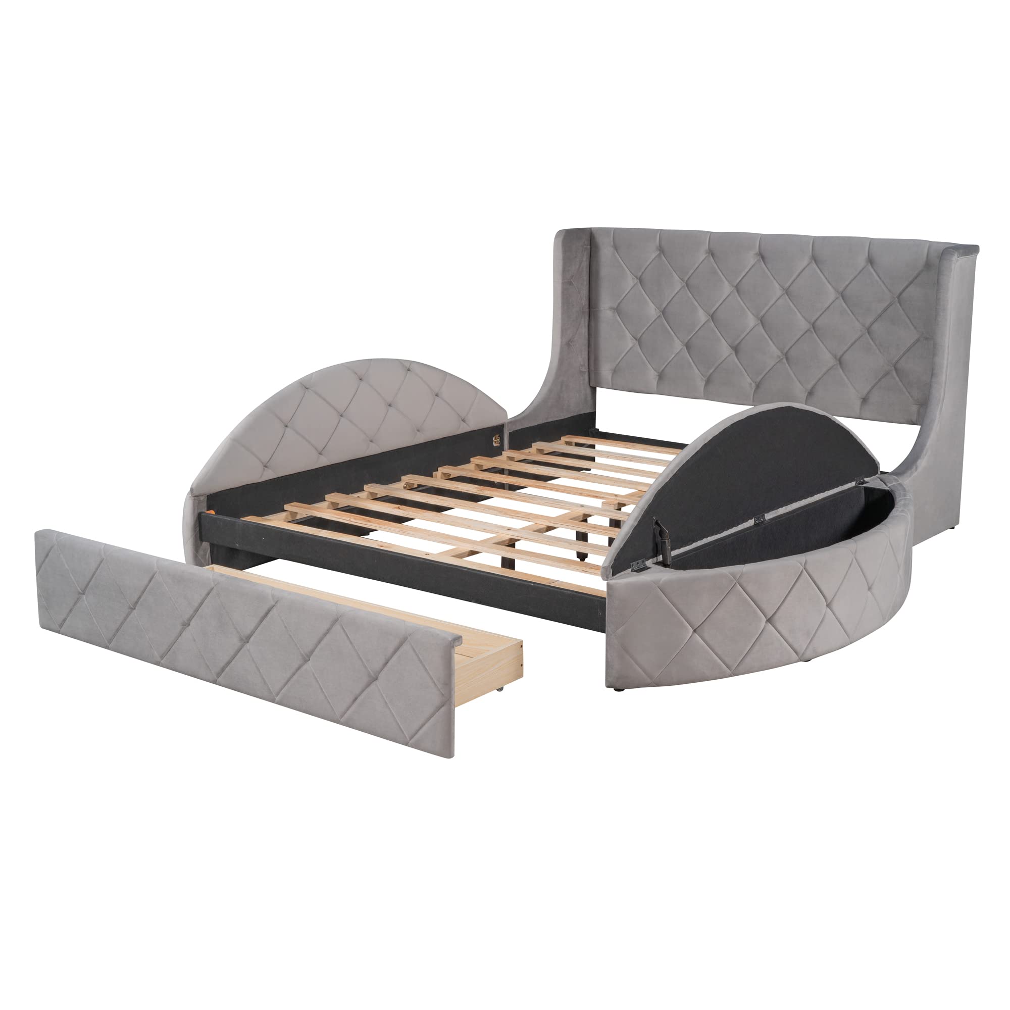 BOVZA Queen Size Platform Bed Frame, Velvet Upholstered Bed with Wingback Headboard and and 1 Big Drawer, 2 Side Storage Stool, No Box Spring Needed, Gray