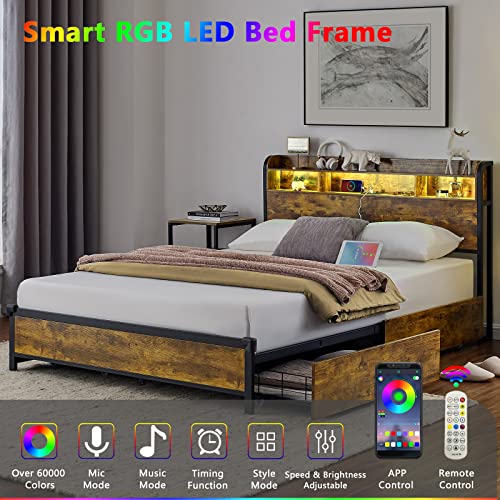 Alohappy Queen Bed Frame with LED Lights and Charging Station, Metal Platform Bed Frame with 2 -Tier Storage Headboard and Drawers, No Box Spring Needed, Easy Assembly, Noise Free
