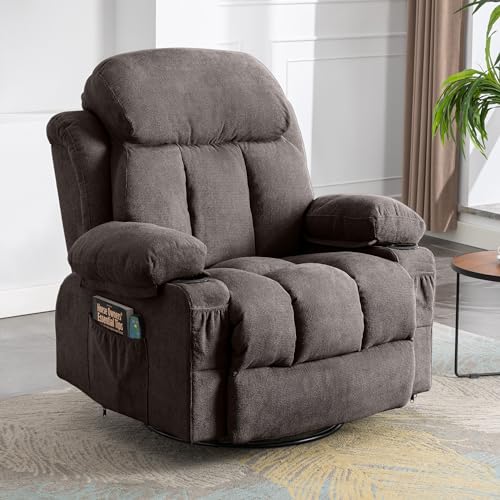 BOSMILLER Massage Recliner Chair, Swivel and Rocking Recliner with Heat and Vibration, Breathable Fabric Ergonomic Single Sofa Chair for Living Room with Cup Holders, Side Pockets and USB