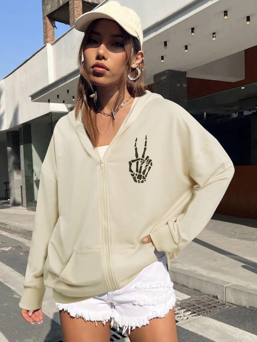 LOTUCY Have The Day You Deserve Zip Up Hoodies Women Oversized Skeleton Peace Sweatshirt Vintage Y2K Jacket Apricot