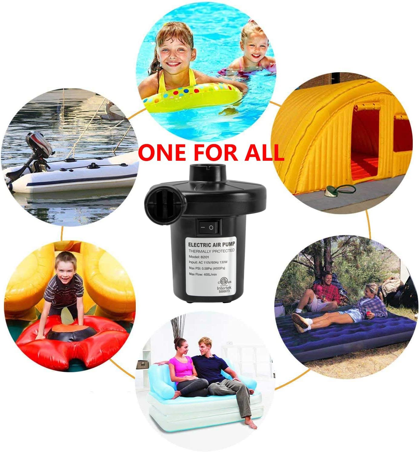 BOMPOW Electric Air Pump for Inflatables Air Mattress Pump Air Bed Pool Toy Raft Boat Quick Electric Pool Float Pump Black (AC Pump(130W))
