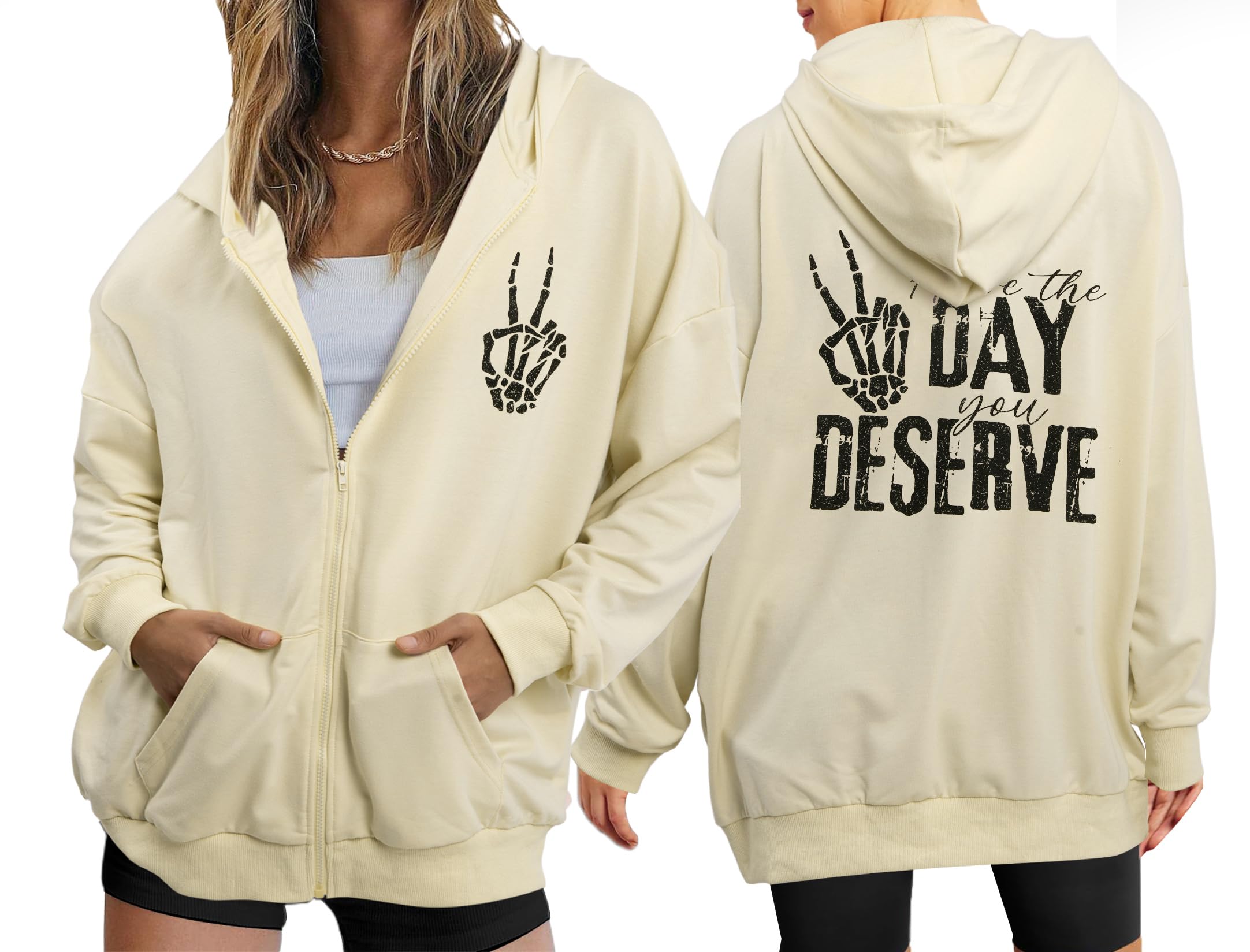 LOTUCY Have The Day You Deserve Zip Up Hoodies Women Oversized Skeleton Peace Sweatshirt Vintage Y2K Jacket Apricot