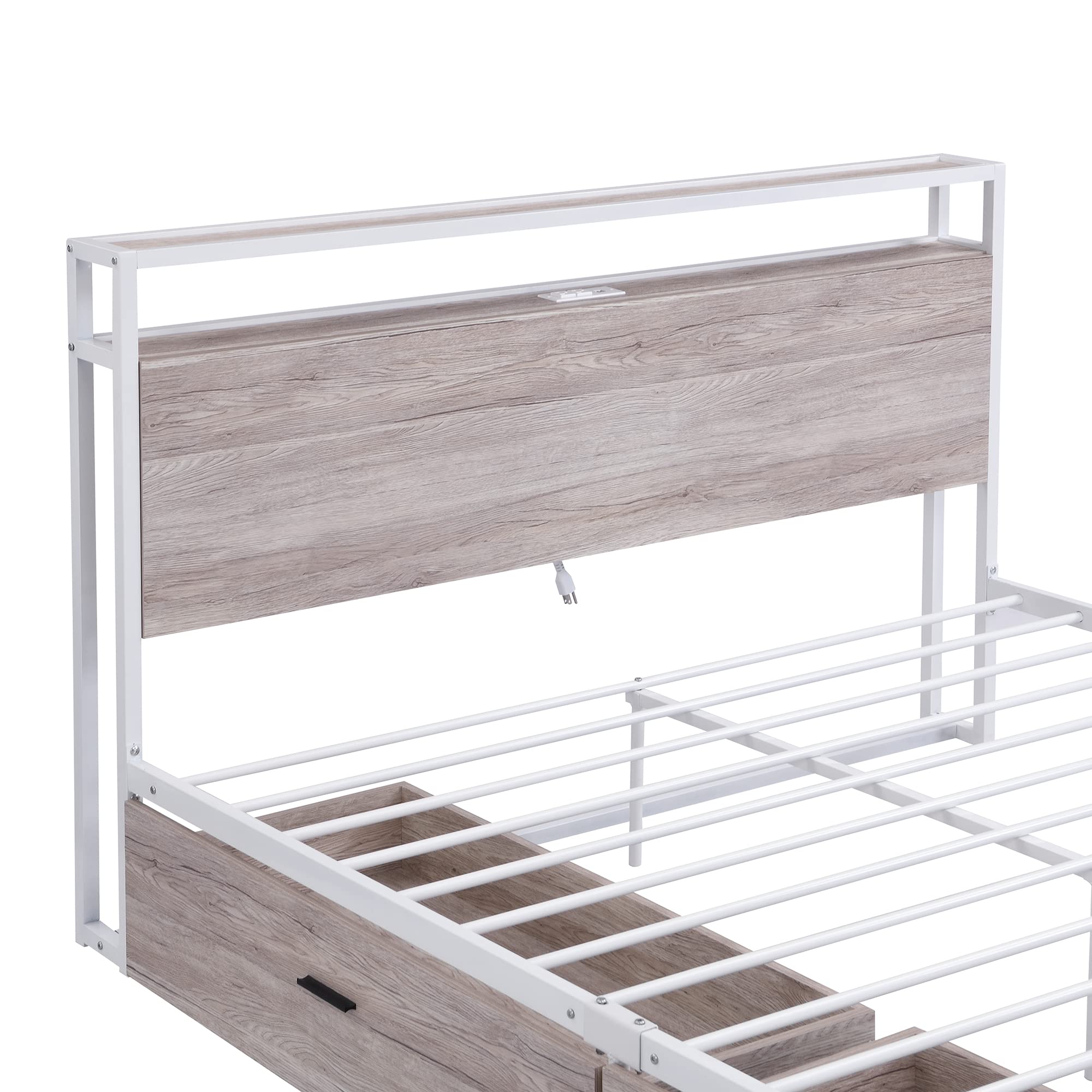 Metal Bed Frame Queen with Two Drawers Queen Size Storage Bed with Sockets, USB Ports and Slat Support for Living Room Bedroom,No Box Spring Needed/Easy Assembly (White)