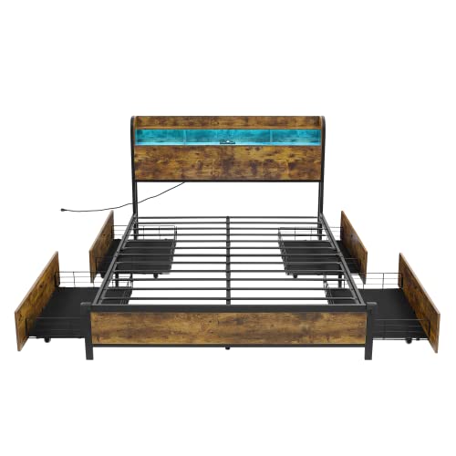 Alohappy Queen Bed Frame with LED Lights and Charging Station, Metal Platform Bed Frame with 2 -Tier Storage Headboard and Drawers, No Box Spring Needed, Easy Assembly, Noise Free