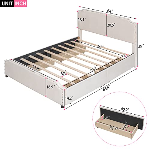 HAUSHECK Upholstered Platform Bed Queen Size, Bed Frame with 4 Drawers, Headboard and Footboard, Velvet Fabric, Wooden Slats Support, No Box Spring Needed, Queen Bed Frames for Teens & Adults