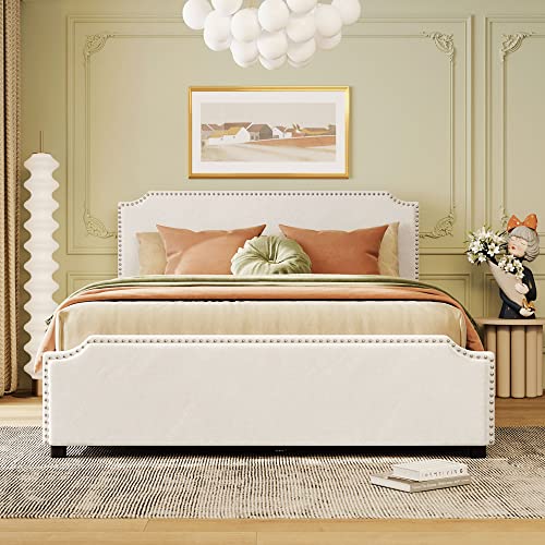 HAUSHECK Upholstered Platform Bed Queen Size, Bed Frame with 4 Drawers, Headboard and Footboard, Velvet Fabric, Wooden Slats Support, No Box Spring Needed, Queen Bed Frames for Teens & Adults