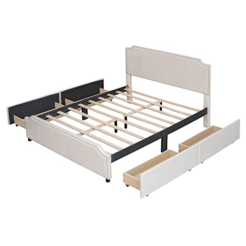HAUSHECK Upholstered Platform Bed Queen Size, Bed Frame with 4 Drawers, Headboard and Footboard, Velvet Fabric, Wooden Slats Support, No Box Spring Needed, Queen Bed Frames for Teens & Adults