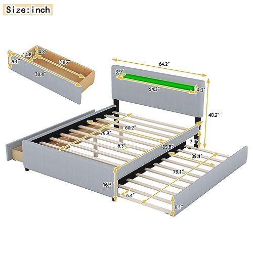 Prohon Bed Frame Queen Size with Twin Size Trundle, 2 Drawers, LED and USB Charging, Upholstered Storage Platform Bed, Large Storage Space Design w/Wooden Slat Support Mattresses Foundation, Gray